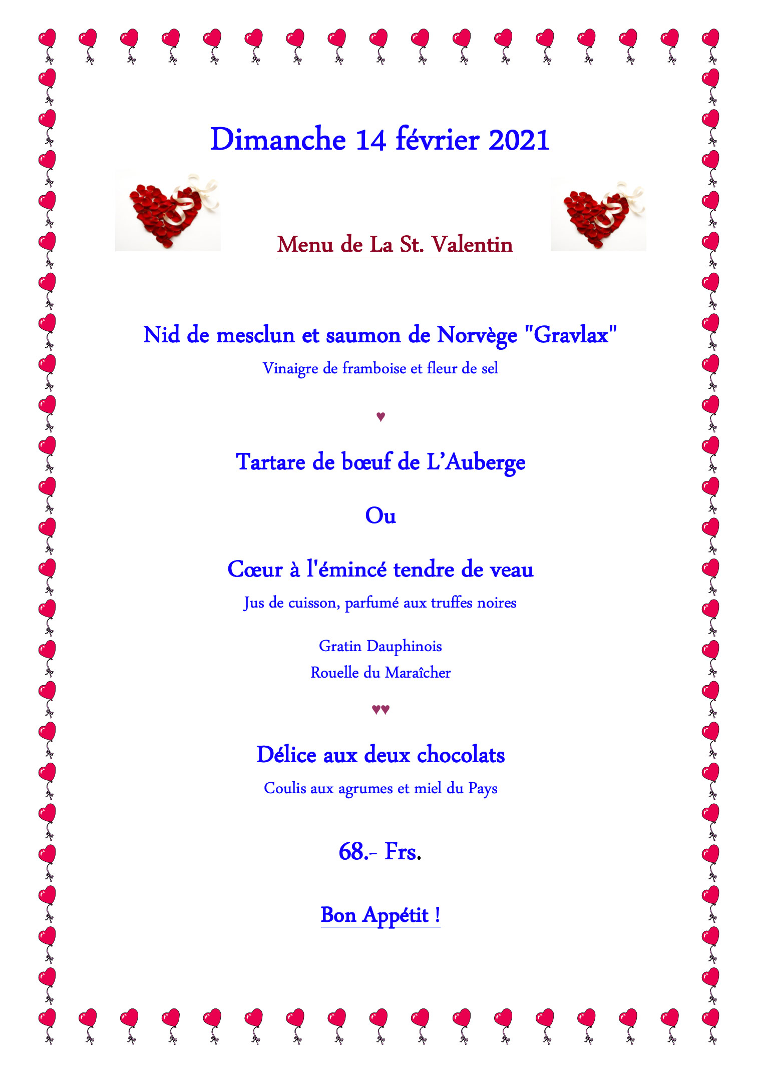 Menu Saint-Valentin à l'Auberge les Platanes | Auberge Les Platanes